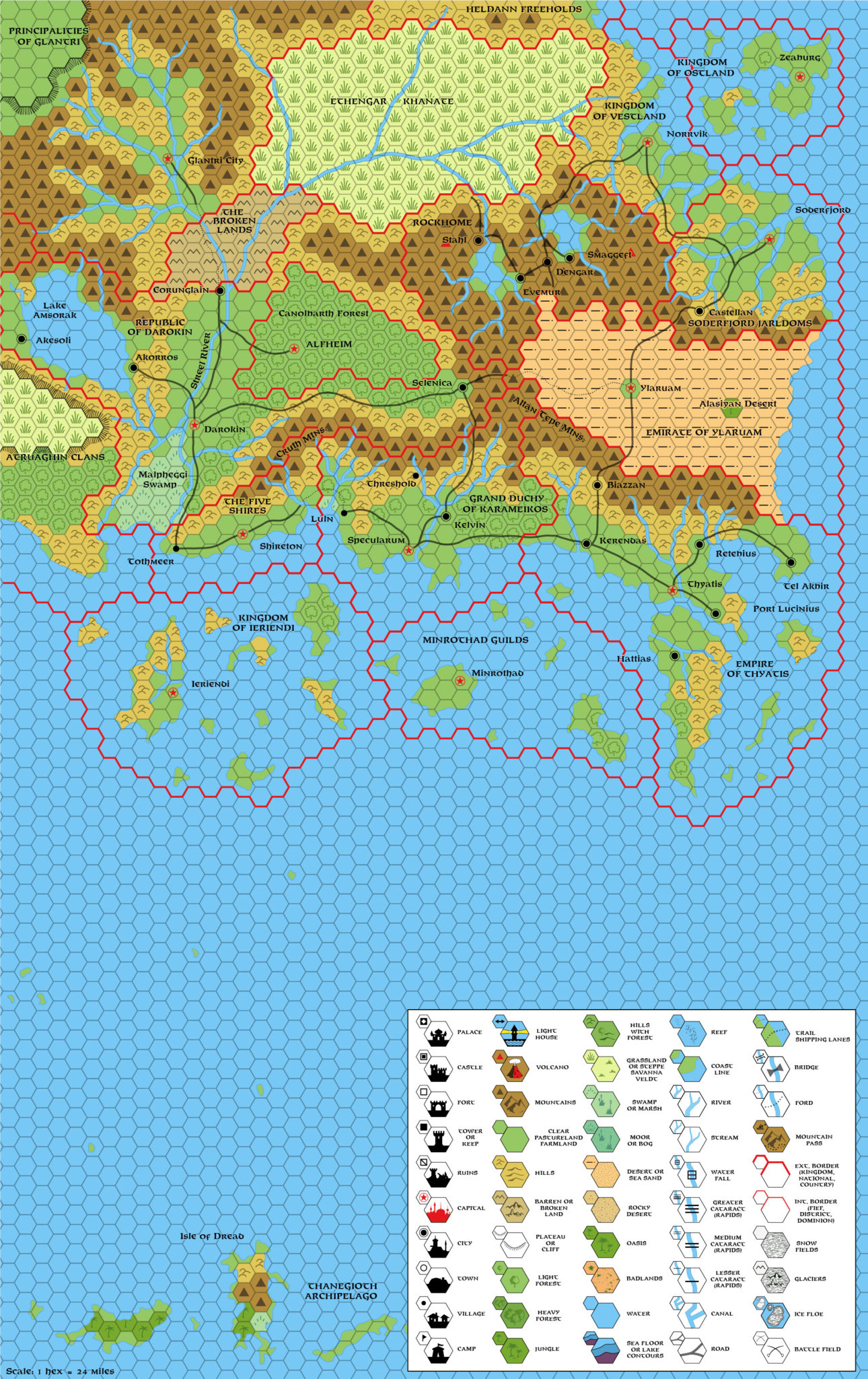 24 mile per hex map of the D&D Known World in AC 1000. | Atlas of Mystara