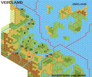 Colourised replica of GAZ7’s overview map of Vestland, 8 miles per hex ...